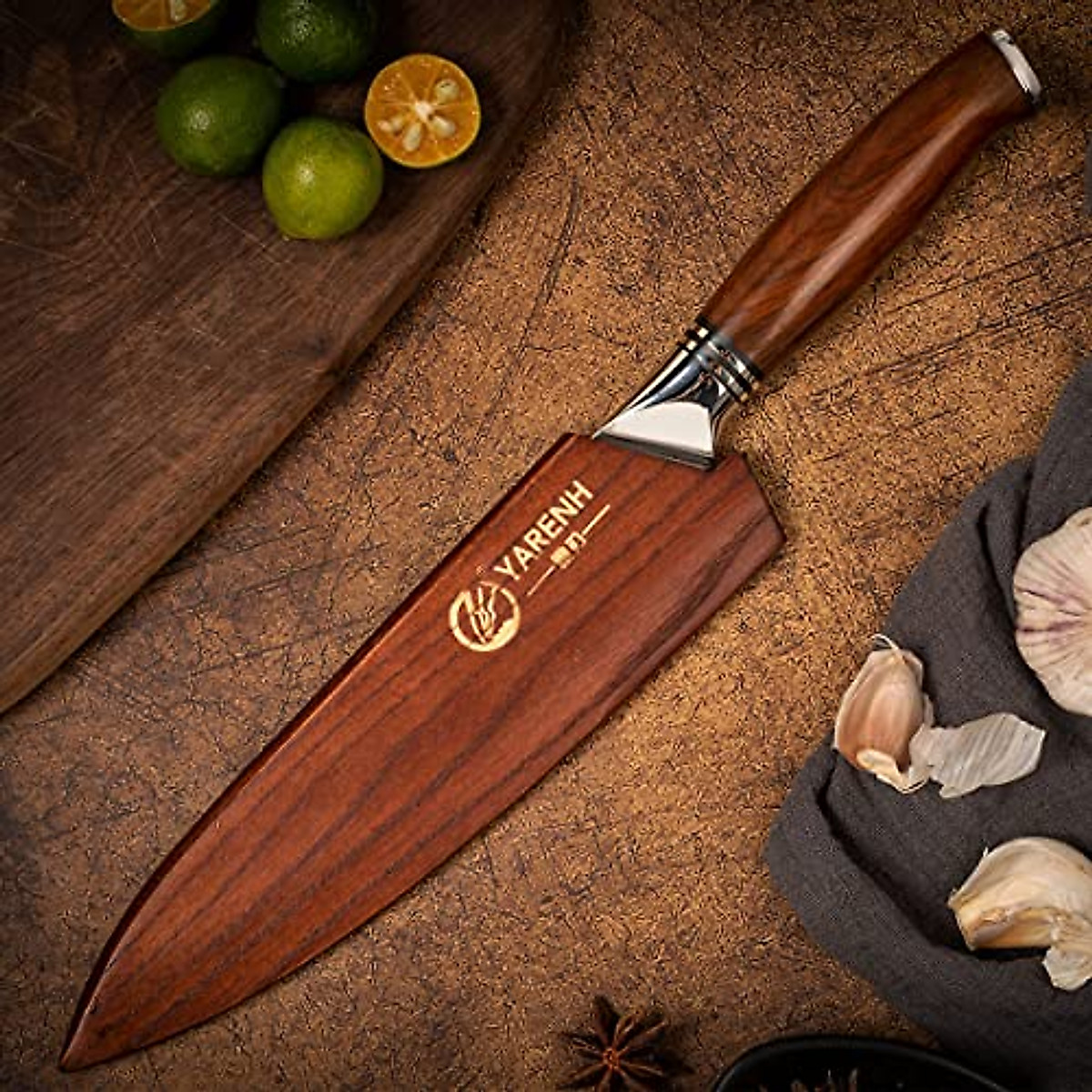 YARENH Damascus Chef Knife 8 Inch with Sheath, Professional Kitchen Knife, 73 Layers Japanese Damascus High Carbon Steel, Full Tang Sandalwood Handle, FYW Series