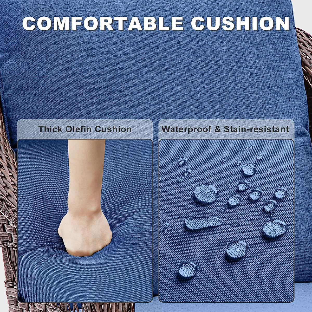 Buenhomino 2 Pieces Outdoor Patio Ottoman - All-Weather Rattan Wicker Footstool with Removable Cushions, Ideal for Patio, Deck, Garden, Porch - Brown/Blue