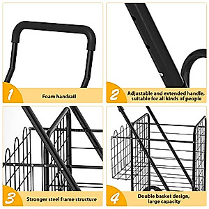 siffler Shopping Cart with 360° Rolling Swivel Wheels for Groceries Utility Shopping Cart with Double Basket Folding Portable Cart Saves Space with Adjustable Handle Height for Grocery Laundry Luggage