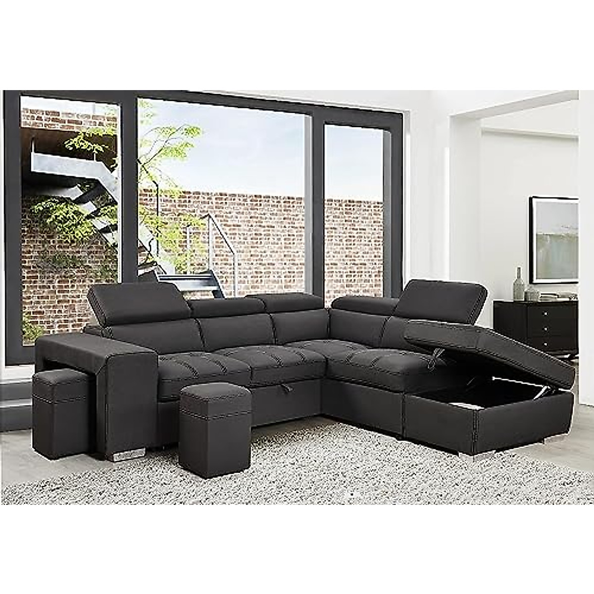 FULife 105" w L-Shaped Modular Reversible Sectional Corner Sofa with Pull Out Sleeper Bed,Adjustable Headrest,Storage Ottoman and 2 Stools,Multi-Functional Convertible Upholstered 5-Seat Sofá&Couch