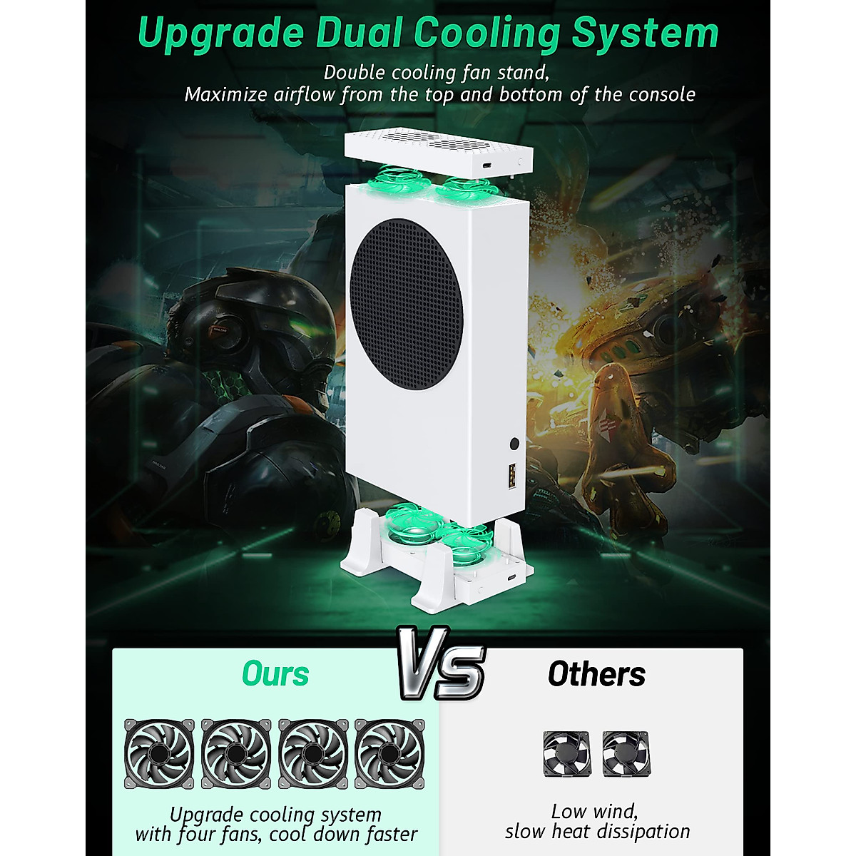 Cooling Stand for Xbox Series S, ZAONOOL Four Cooling Fan Cooler System, Top and Bottom Dual Cooling Fan, Low Noise, 3 Gears Adjustable Speed 2300/2800/3200RPM with LED Indicator and 4 Extra USB Ports