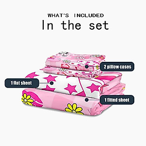 LUVIVIHOME 4PCS Disco Cowgirl Sheets Set, Queen Bed Sheet, Hot Pink Sheets, Preppy Bedding, Cowboy Boots Cow Skull Flower Cactus Aesthetic Girls Bedding, 1 Fitted Sheet & 1 Flat Sheet & 2 Pillowcases