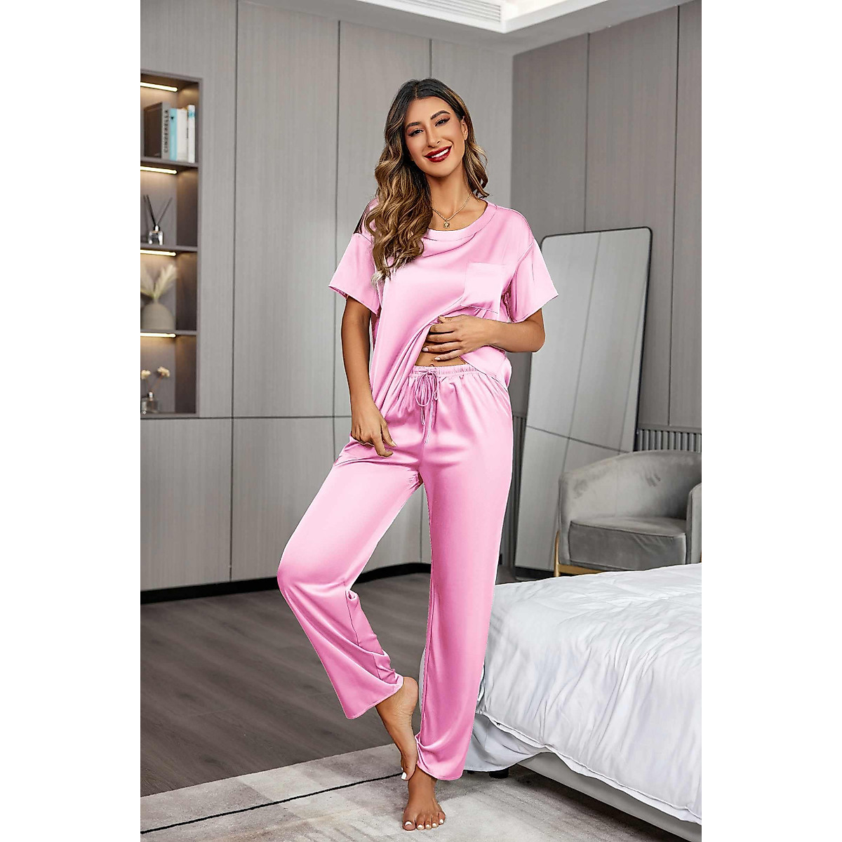 Ekouaer Womens Silk Satin Pajamas Set Two Piece Pj Sets Sleepwear Loungewear Short Sleeve Pj Sets Hot Pink