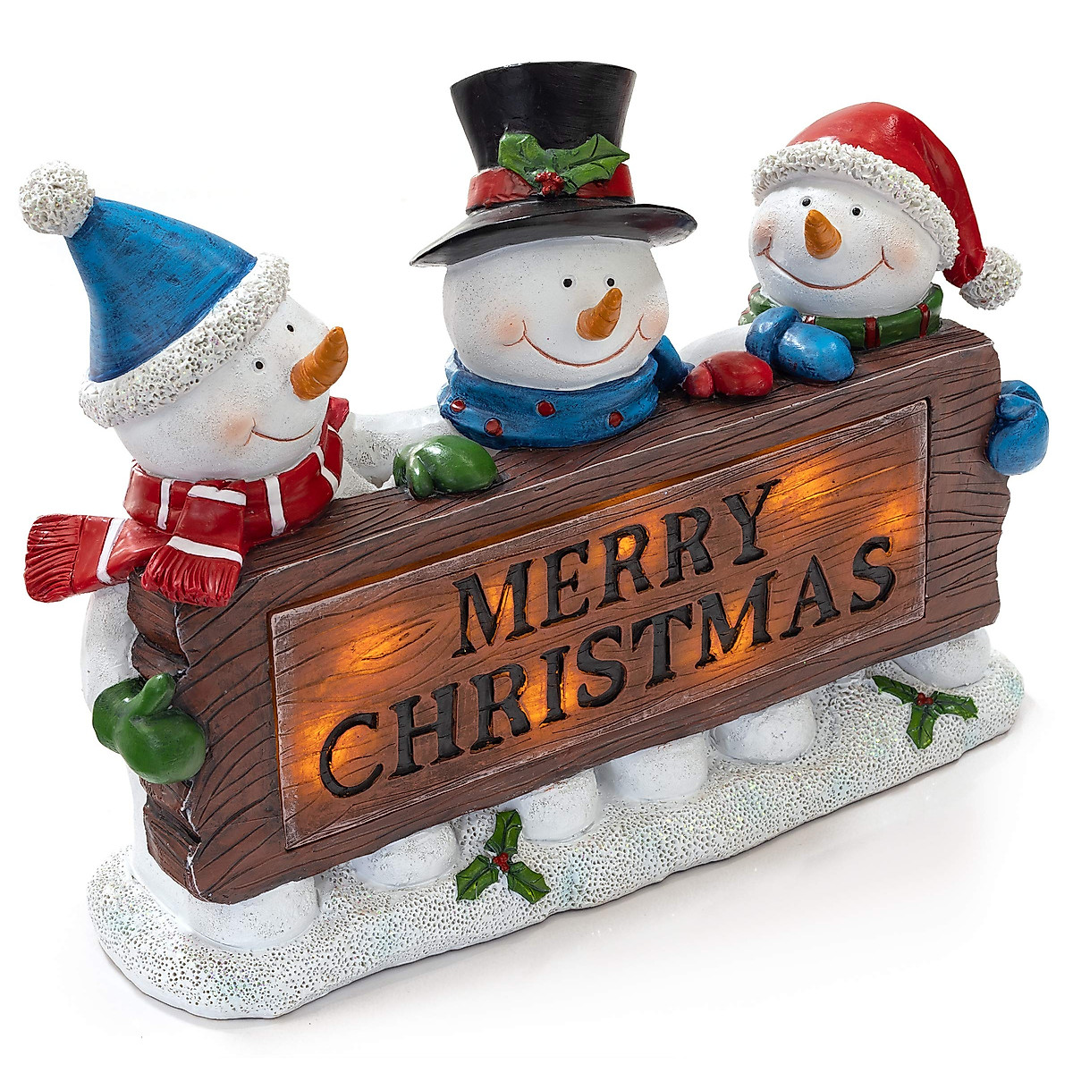 VP Home Christmas Snowman Decor Christmas Figurines Resin Snowman Lighted Decorations Indoor Glowing Merry Christmas Wood Trio LED Holiday Light Up Snowman Indoor Festive Fiber Optic Decorations