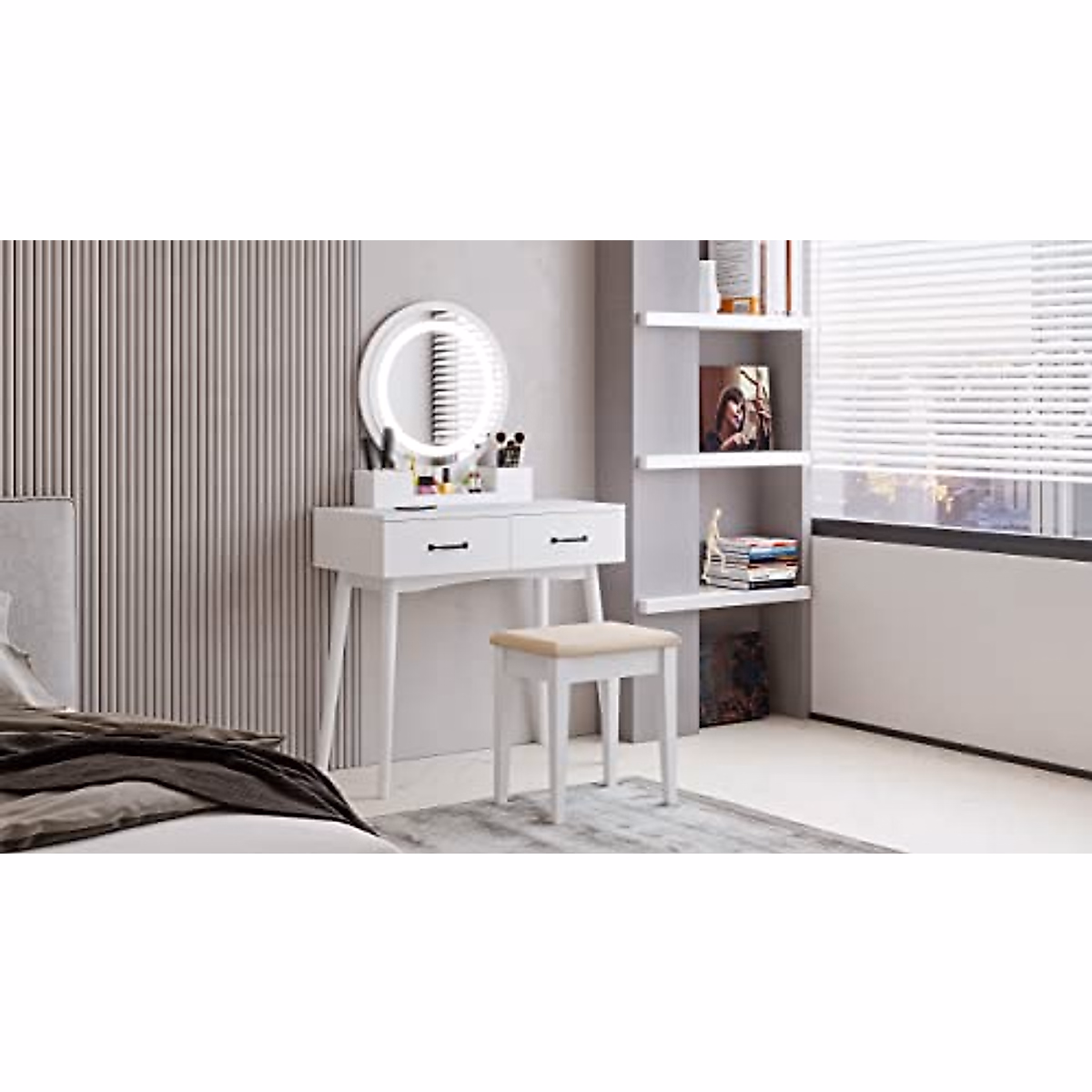 UTEX Makeup Vanity Desk with Round Mirror and Lights,White Vanity Makeup Table, Small Vanity Table with 2 Drawers, 3 Lighting Modes Dresser Desk and Cushioned Stool Set for Bedroom, White
