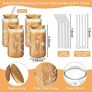Mumufy 4 Pack Gift for Women Cute Glass Cups,aesthetic Iced Coffee Cup 16 oz Glass with Bamboo Lid and Straw Flower Coffee Mugs Birthday Gift for Friend Sister Her Bridesmaid Stuff Christmas(Clear)