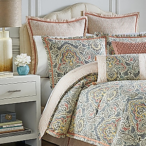 Waverly Artisanal Modern Farmhouse Damask 4 Piece Reversible Comforter Set, All Season Bedding, Includes One Comforter, One Bed Skirt and Two Pillow Shams, Machine Washable Full/Queen Bed Set, Mineral