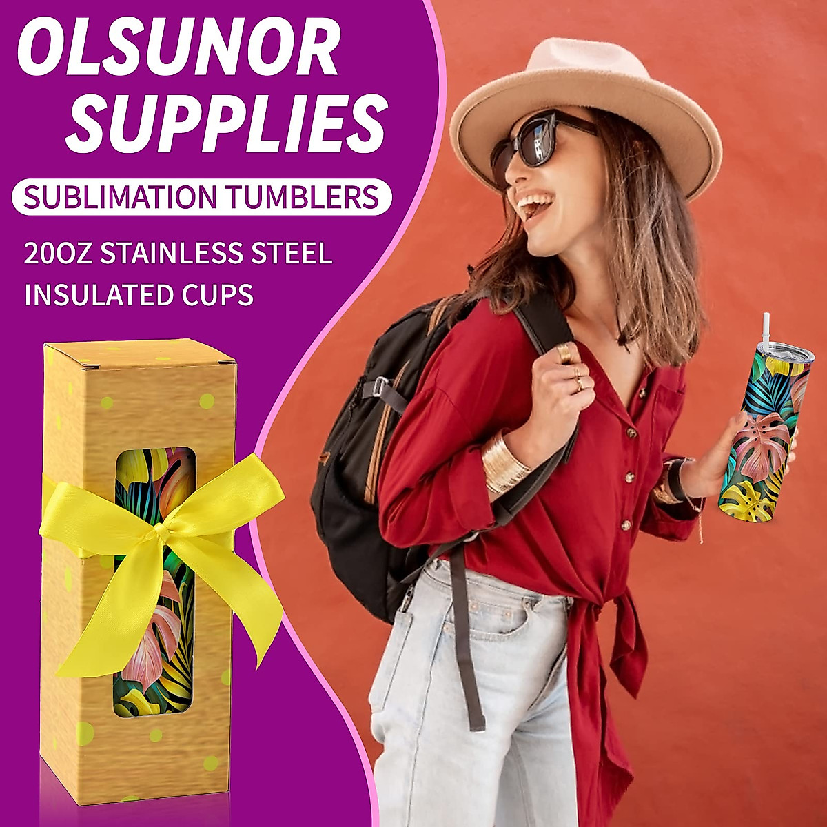 OLSUNOR 24 Pack Stainless Steel 20 oz Sublimation Tumblers Set, Skinny Straight, Lids, Straws, Sublimation Shrink Wrap, DIY Stickers, Individually Gift Boxed