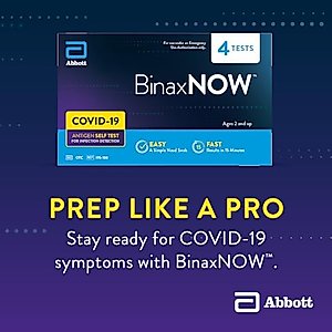 BinaxNOW COVID-19 Antigen Self Test, 1 Pack, 4 Tests Total, COVID Test With 15-Minute Results Without Sending to a Lab, Easy to Use at Home