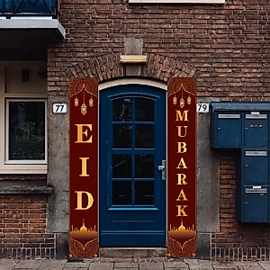 KYMY EID Mubarak Porch Banner with 70.9X11.8 inch,Muslim Ramadan Mubarak Porch Sign for Eid Mubarak Party,Islamic Hanging Banner for Indoor and Outdoor EID Mubarak Decorations
