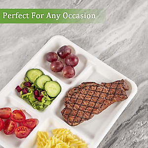 WDF 125 Pack Disposable Plates with Compartment - 100% Compostable Plates Disposable, 8 * 10 inch Heavy Duty Paper Plates with 5 Compartment Biodegradable Plates for School Lunch Trays