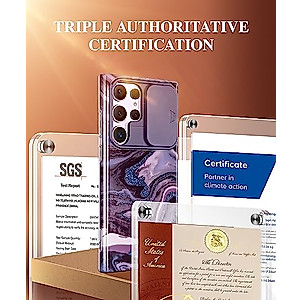 GVIEWIN Compatible with Samsung Galaxy S23 Ultra Case with Slide Camera Cover, [Military Grade Drop Protection] Slim Marble Shockproof Protective Phone Case Fit S23 Ultra 5G 6.8" (Quicksand/Purple)