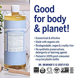 Dr. Bronner's - Pure-Castile Liquid Soap (Baby Unscented, 32 ounce, 2-Pack) - Made with Organic Oils, 18-in-1 Uses: Face, Hair, Laundry and Dishes, For Sensitive Skin and Babies, No Added Fragrance