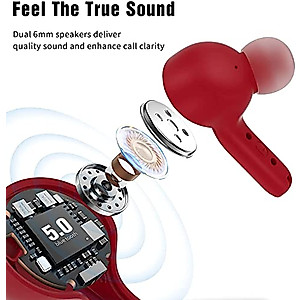 Lanteso True Wireless Earbuds, TWS Bluetooth Earbuds with Mics Noise Reduction Touch Control Bluetooth Headphones with Bass Sound in Ear Earphones for Music,Home Office… (Red)