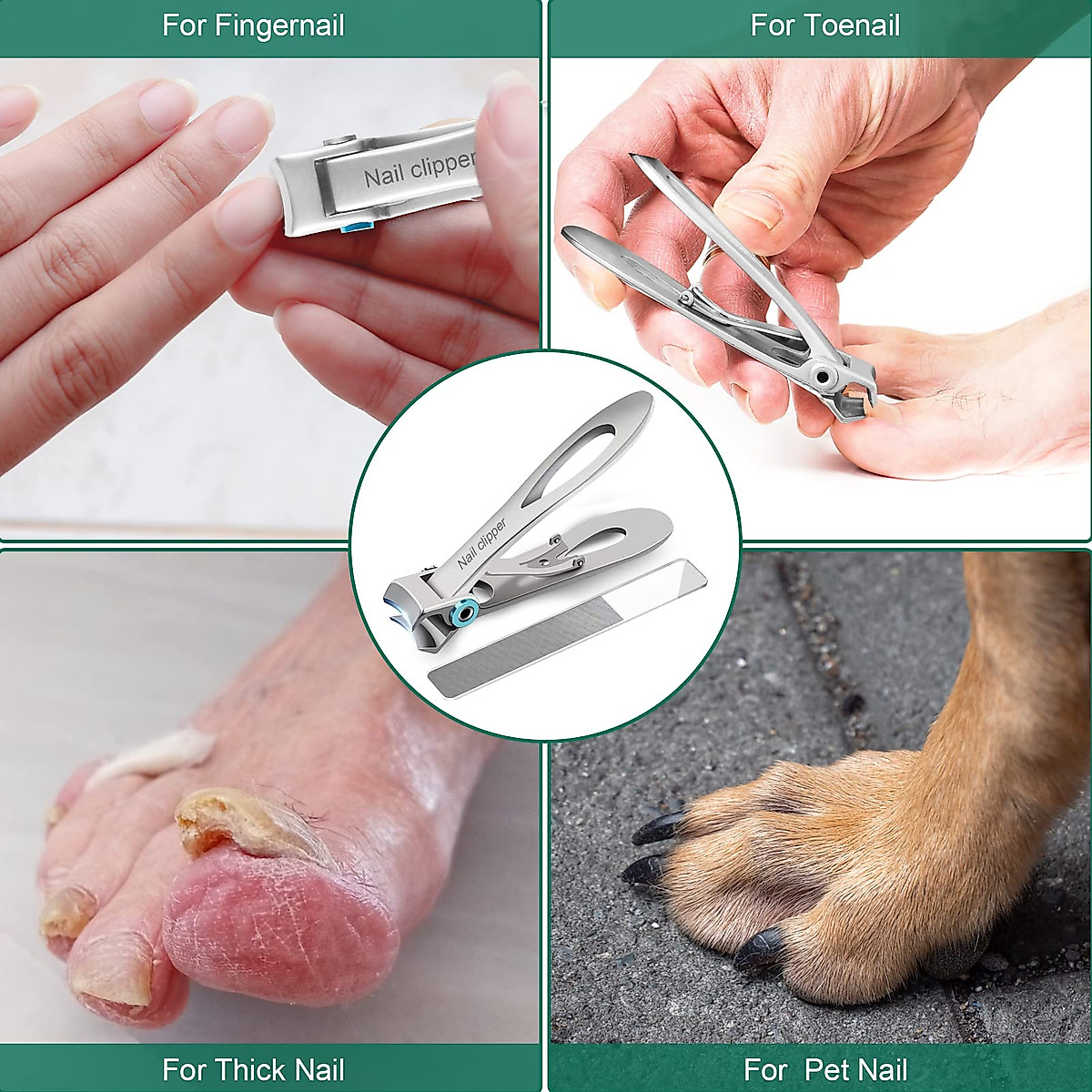 SZHLUX Nail Clippers Ultra Wide Jaw Opening Fingernail and Toenail Clippers Set for Thick Nails Cutter for Ingrown Manicure,Pedicure,Men & Women Big, Silver