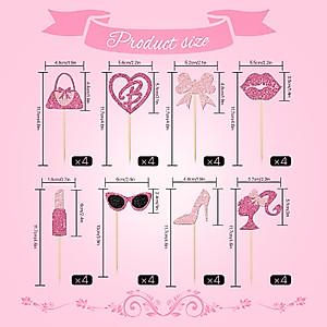 Biendo 32 PCS Glitter Pink Princess Cupcake Toppers Girl Cupcake Picks Handbag Glasses Bow Tie Lipstick High Heel Cake Decorations for Girl Princess Theme Bridal Shower Wedding Birthday Party Supplies