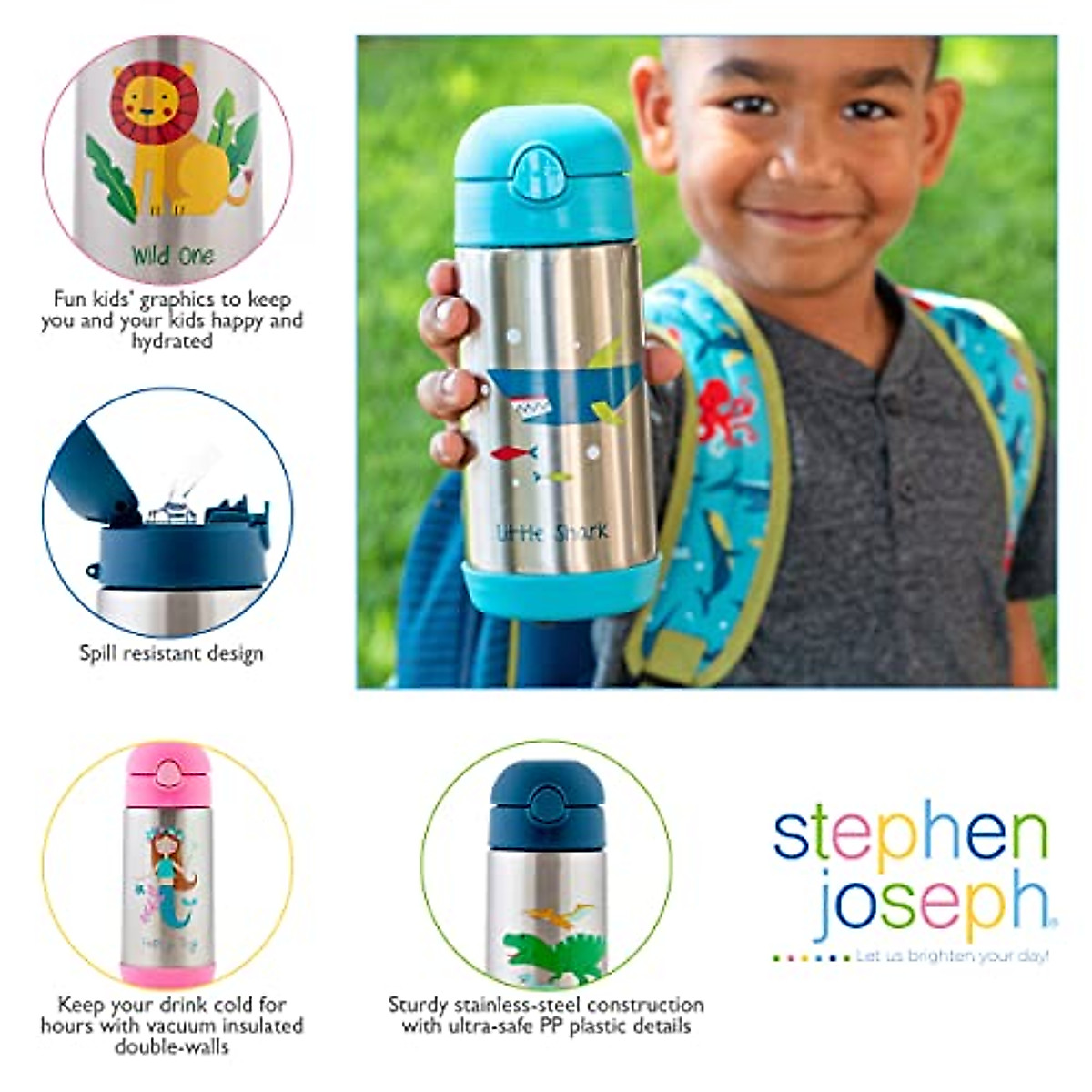 Stephen Joseph Double Wall Stainless Steel Bottles, Insulated Water Bottle for Kids Toddlers, Vacuum Insulated Bottle with Straw, BPA-Free Water Bottle – 11.8 Ounces, SHARK