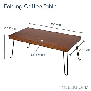 Sleekform Folding Wooden Coffee Table - Collapsible 20x40 Light Wood Mini Desk - Lightweight Foldable Coffee Tables for Small Spaces - Fold Up Hairpin Legs - Walnut Wood Finish