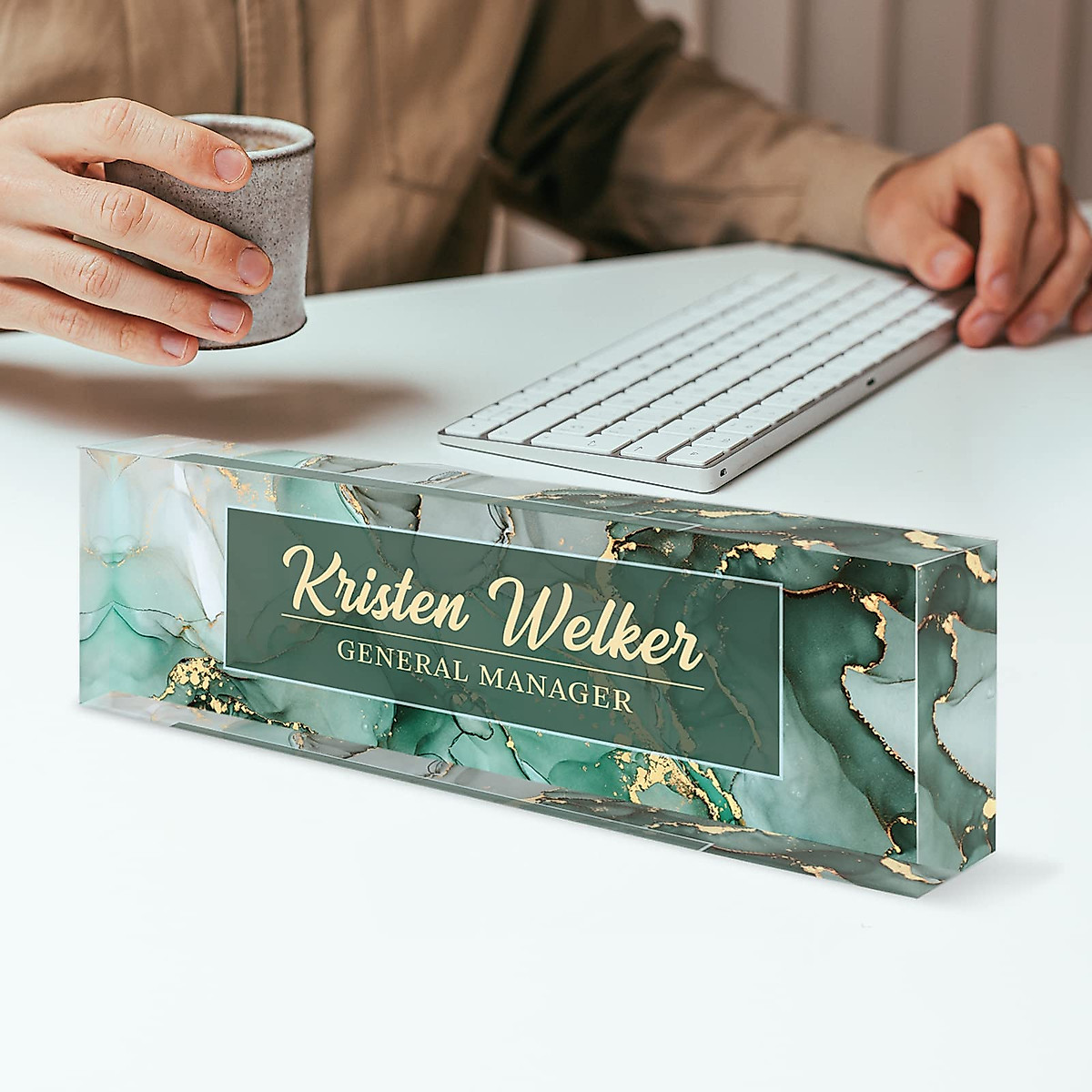 Personalized Premium Green Marble Acrylic Desk Name Plate, Office Decor for Women or Men Coworkers, Boss, Employee, Teacher