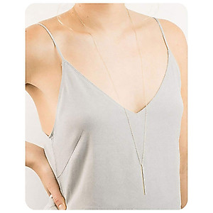 CULOVITY Simple Long Necklace Earrings Set Vertical Bar Pendant Necklaces Bar Drop Earrings Lariat Chain Polished Jewelry for Women, 2.4" Pendant 35" Chain Gold Plated