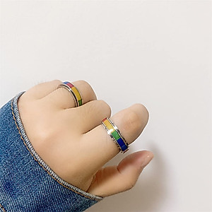 Rotatable Square Rainbow LGBT Pride Band Ring for Women Men Couples Anti Anxiety Stress Relief Fidget Spinner Ring Stainless Steel Love Is Love Statement Knuckle Ring Boyfriend Girlfriend Xmas New Year Gifts (Silver, 9)