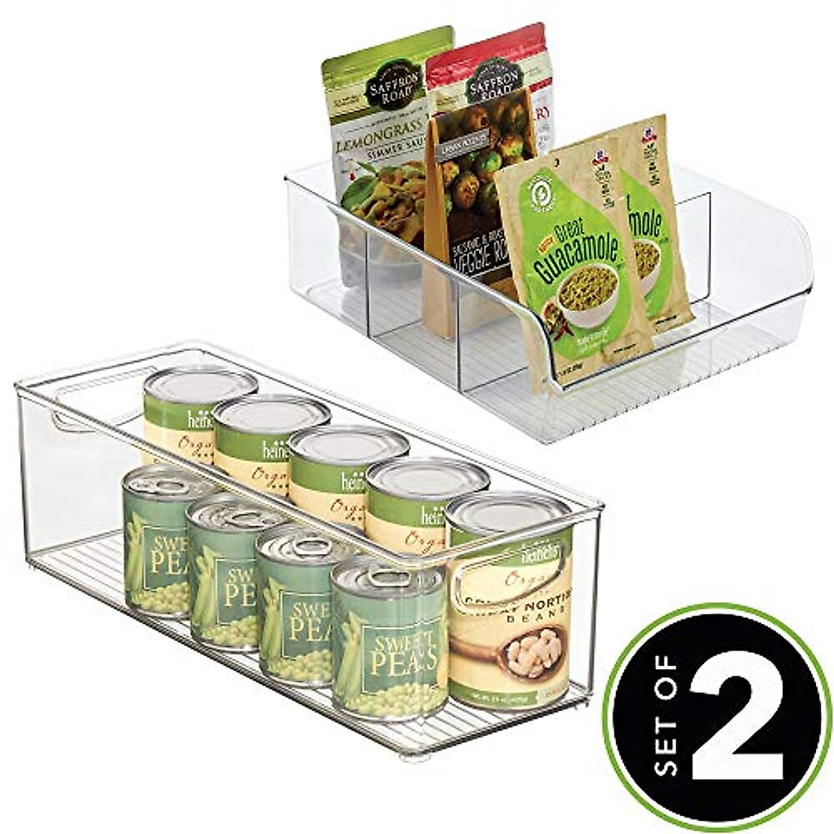 mDesign Kitchen Plastic Storage Organizer Combo Set of 2 Bins - For Kitchen, Pantry, Cabinet, Fridge/Freezer for Organizing Snacks, Produce, Vegetables, Pasta Food, 2 Piece Set - Clear