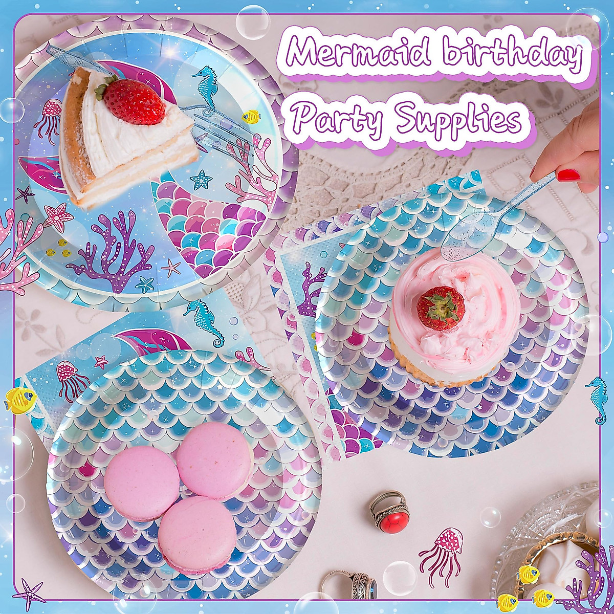 SJJPDYY 170Pcs Mermaid Birthday Party Decorations Set Mermaid Party Supplies Includes Plates, Napkin, Fork, Cup, Tablecloth, Banner for Baby Shower Ocean Birthday Party Decorations, Serves 24
