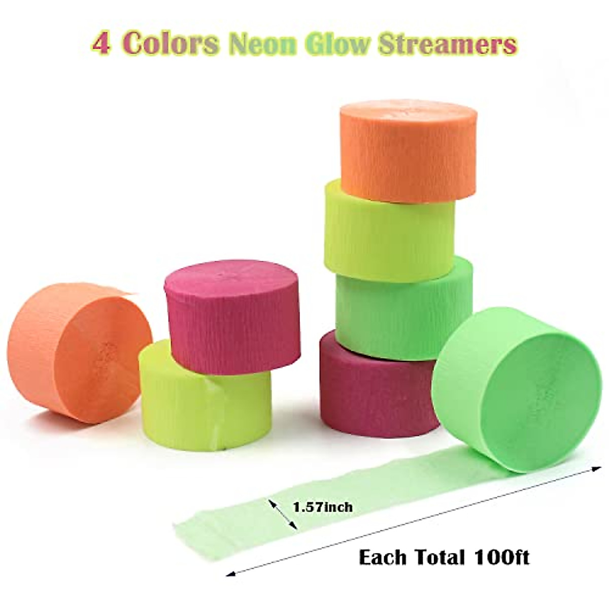 400feet Blacklight Party Streamer Decorations 4 Rolls Glow Crepe Paper UV Reactive Fluorescent Neon Paper Streamers Glow Party Supplies and Decorations for Wedding, Birthday, Neon Party, Fiesta Party