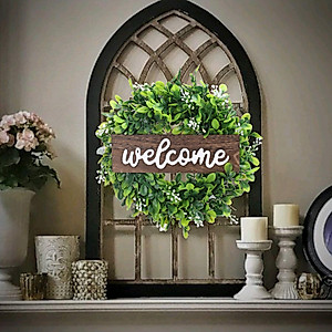 NAHUAA 12 Inch Boxwood Wreath for Front Door Artificial Green Leaves Spring Wreath with Welcome Sign for Farmhouse Wreath Wall Window Wedding Home Table Centerpiece