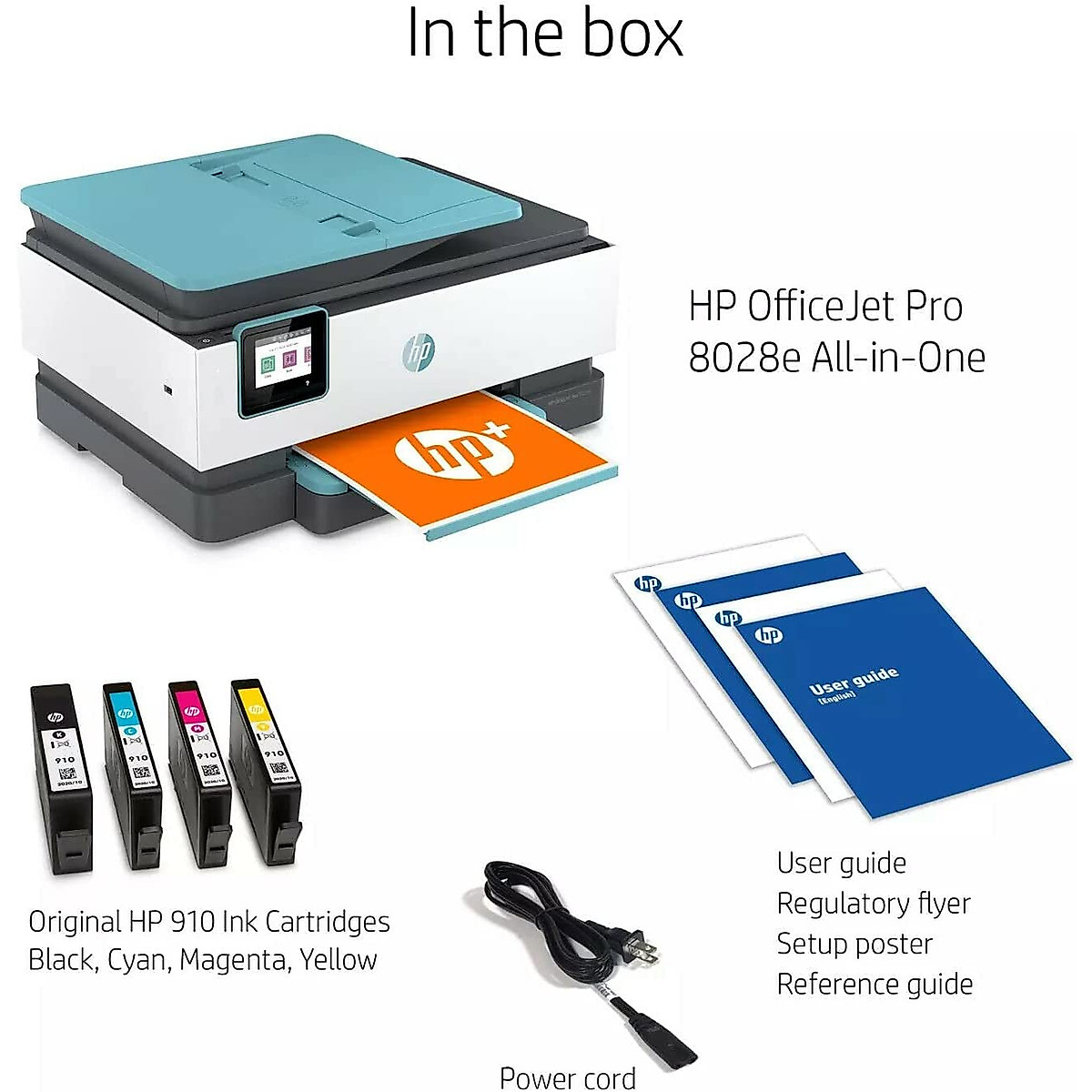 HP OfficeJet Pro 8028e All-in-One Wireless Color Inkjet Printer for Home Office, Blue- Print Scan Copy Fax-20 ppm, 35-sheet ADF, 4800 x 1200 dpi, Auto 2-sided Printing, Ethernet, Cbmou External Webcam