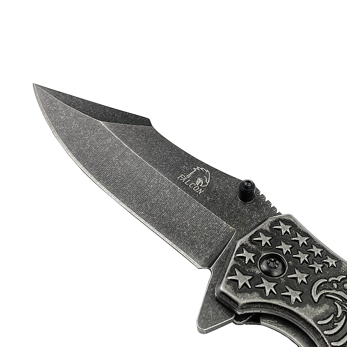 Falcon 8" U.S American Flag Eagle Engraved Assisted Open Tactical Stainless Steel Folding Clip Point Knife with Seatbelt Cutter and Glass Breaker
