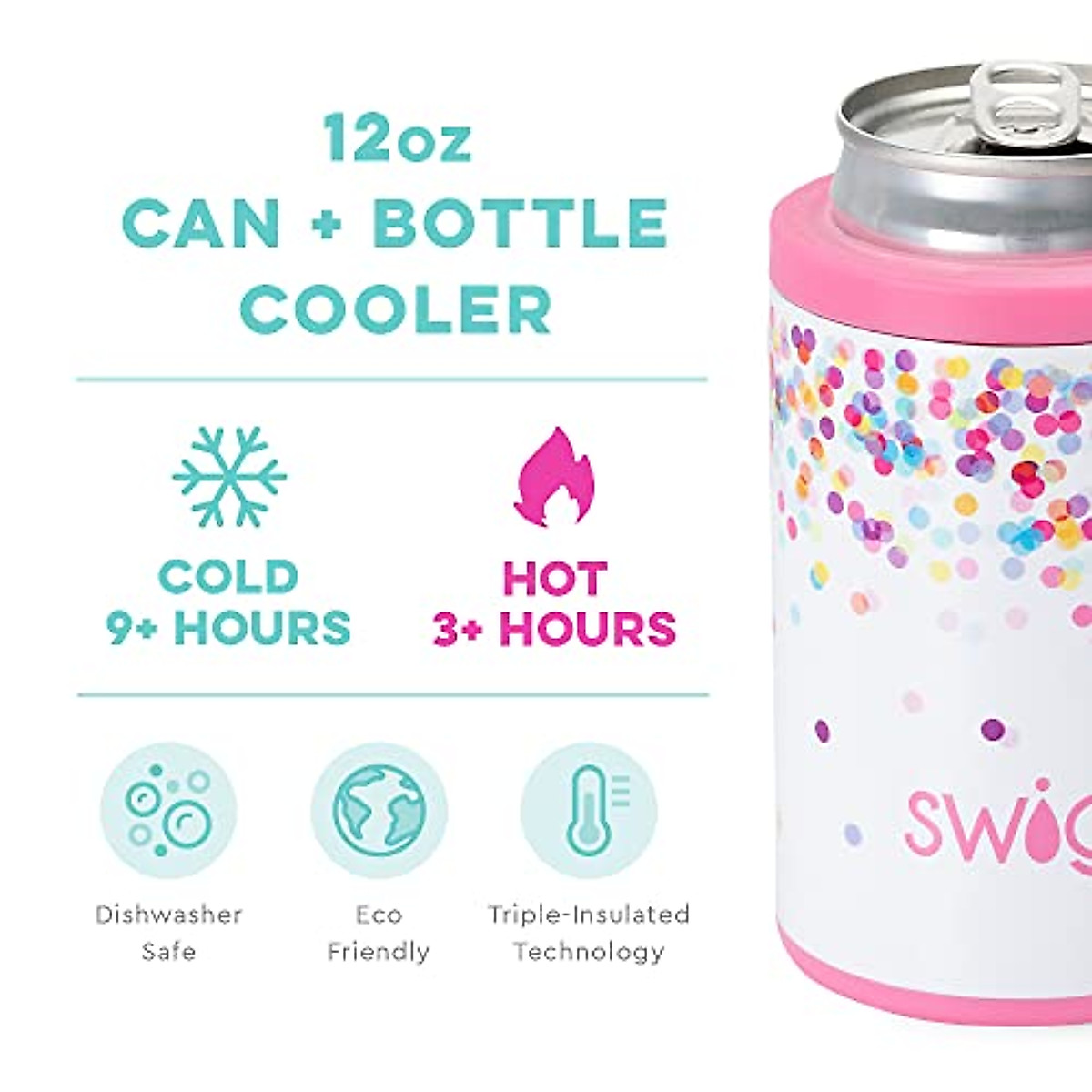 Swig Life Standard Can + Bottle Cooler, Stainless Steel, Dishwasher Safe, Triple Insulated Can Sleeve for Standard Size 12oz Cans or Bottles in Confetti Print