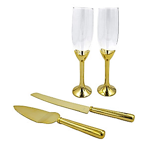 FASHIONCRAFT Elegant Glasses with Cake Knife and Server 4 Piece Set, Gold