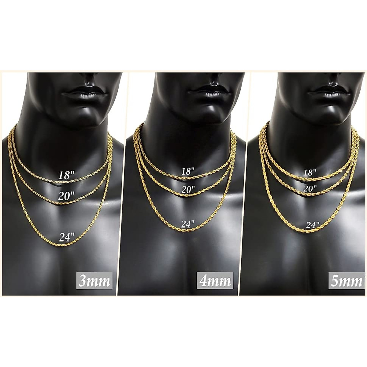 BA UNIQUE FASHION Stainless Steel Rope Chain 16,18, 20, 24 inches Necklace for Men and Women in Gold, Silver Tone (5mm 20", Gold Plated Stainelss Steel)