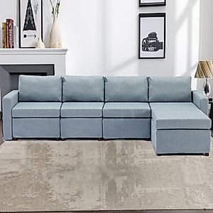 LIADTOP 4 Seater Module 1 Ottoman,Mid Century Modern Sectional Sofa Couch,for Living Room Bedroom Studio,Light Blue