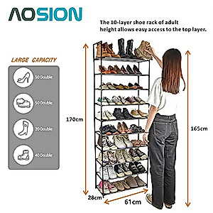 AOSION 10 Tier Shoe Rack,Shoe Rack for Closet 30-50 Pairs Tall Shoe Rack Organizer with Hooks Large Shoe Rack with Removable,Space Saving Shoe Shelf,Non-Woven Fabric Shoe Tower,Grey