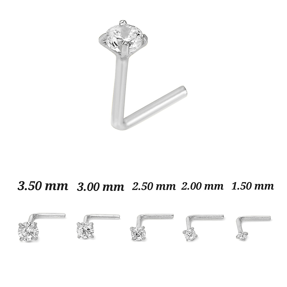 14K Solid White Gold, L Shape Diamond Nose Stud, Micro Nose, Screw Nose Stud, Body Jewelry White Gold (2.00 ml Natural Diamond)