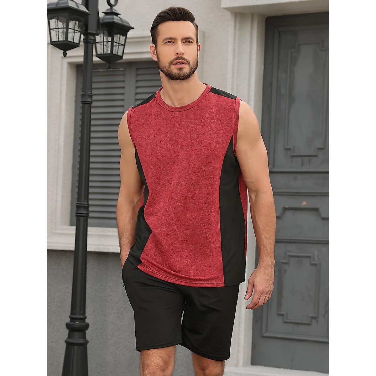 AMVELOP 4 Pack Men's Workout Tank Tops Sleeveless Quick Dry Gym Muscle Shirts Darkgray Navy Red Purple M