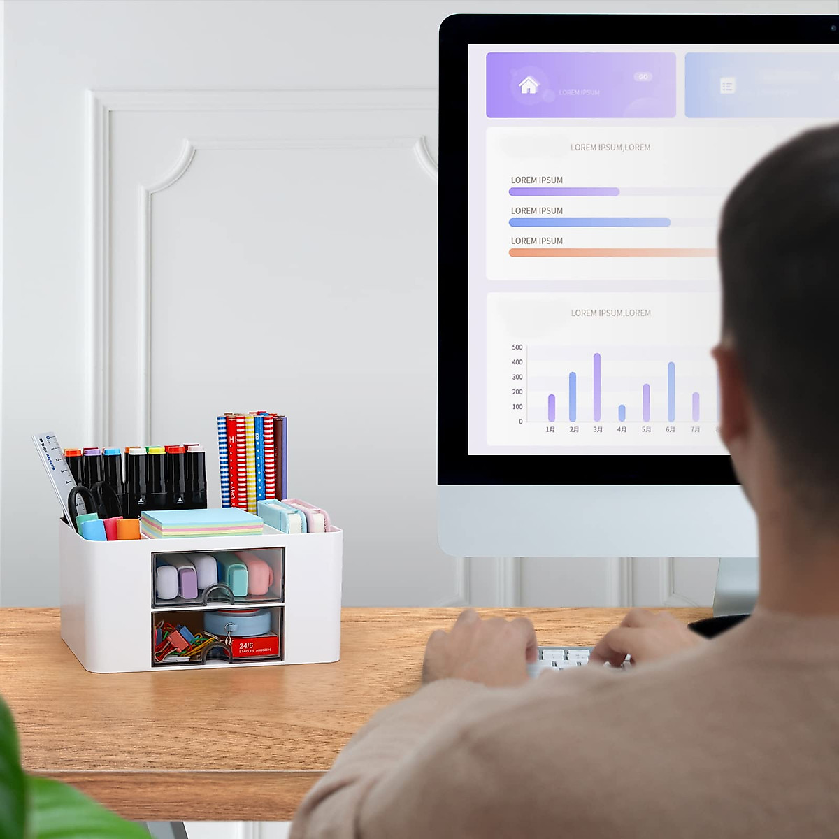 LETURE Desk Organizer with 2 Drawer, Plastic Desktop Pen Pencil Card Holder Storage Box for Desk, Office Supplies, Vanity Table Office School Home (White)