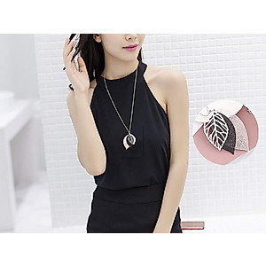 NVENF Leaves Earrings and Long Necklaces Set Multi Tiered Leaf Pendant Necklace Fashion Statement Earrings Metal Sparkling Modern Jewelry Sets (C Silver & Black)