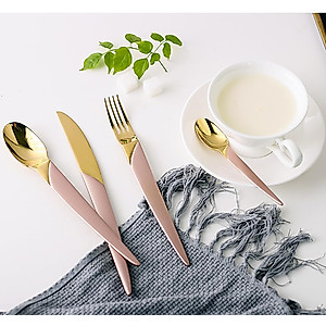 Taiyoko Silverware Set Pink Gold Flatware Unique 24-Piece Stainless Steel Black Cutlery Mirror Polished Kitchen Utensils Tableware Service with Steak Knives Dinner Fork Knife Spoon