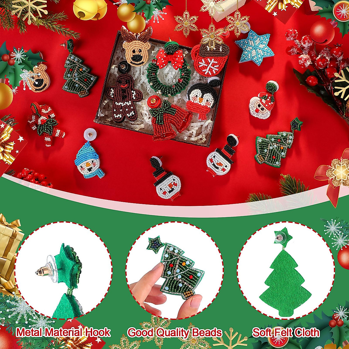 Siifert 12 Pairs Christmas Earrings for Women Christmas Beaded Earrings Bulk Holiday Earrings Handmade Christmas Tree Santa Snowflake Wreath Reindeer Dangle Earrings for Party Christmas Gifts