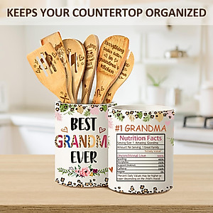 Gifts for Grandma Mothers Day, Grandma Ceramic Utensil Holder with Wooden Spoons Gifts Set, Thoughtful Gifts for Grandma from Grandkids Cooking Tools Kitchen Utensils Set with Wooden Spatulas for 6