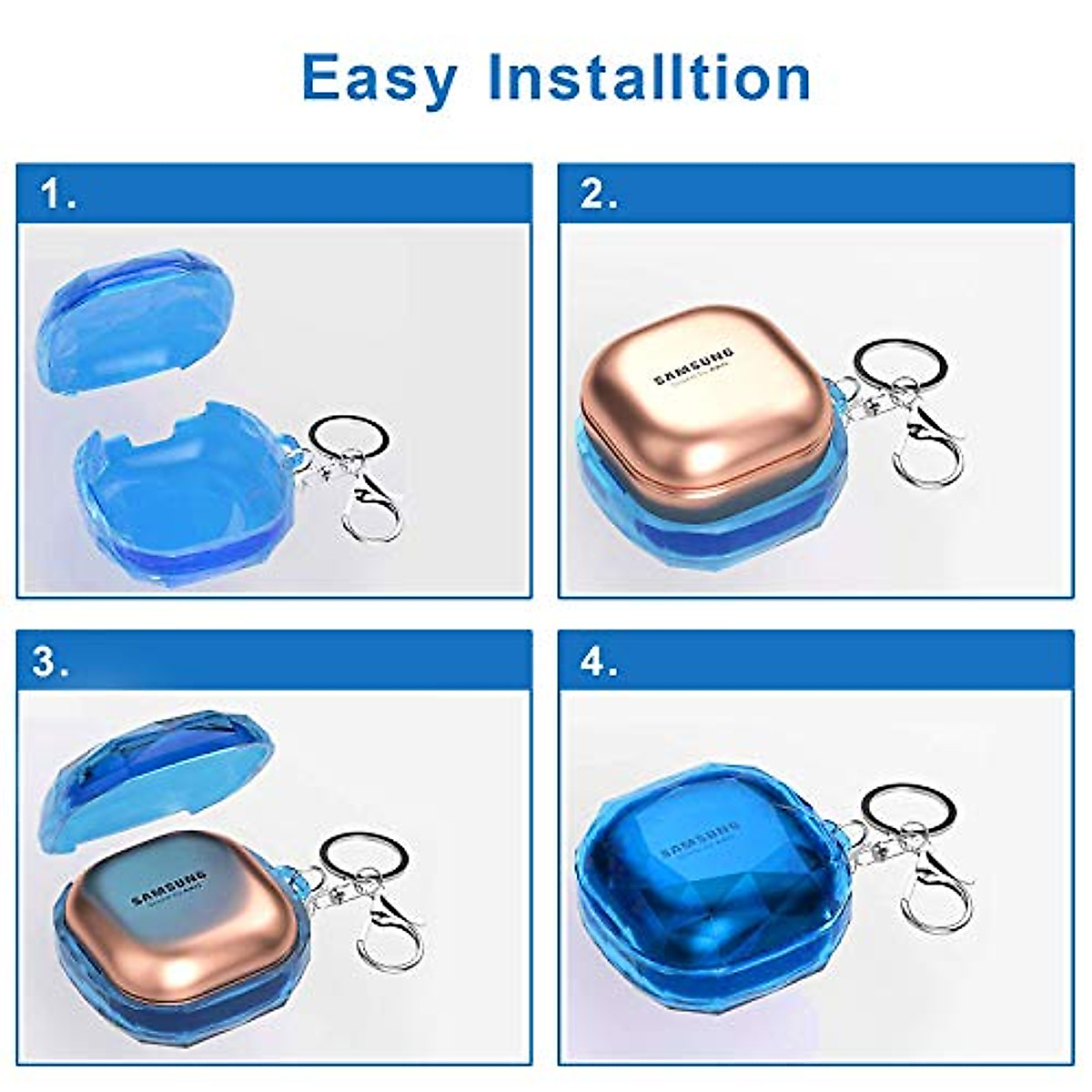 Wongeto Compatible for Samsung Galaxy Buds Live 2020 Case Cover, Hard PC with Diamond Pattern Crystal Case with Keychain for Samsung Galaxy Buds Live 2020 (Clear Bule)