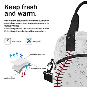 Baseball Lunch Bag for Women Men Insulated Reusable Lunch Box with Adjustable Shoulder Strap Cooler Tote Bag for School Work Picnic Beach Hiking