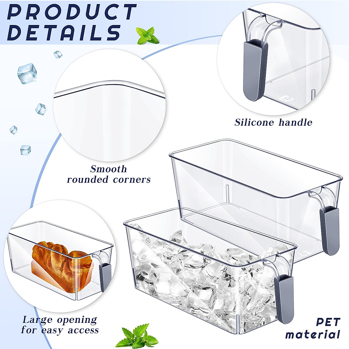 4 Set Clear Plastic Storage Bin with Scoop Clear Freezer Ice Bin with Pull out Handle Ice Container for Freezer Organizer Plastic Utility Ice Scoop Plastic Scoops for Dry Goods Kitchen Fridge Cabinet