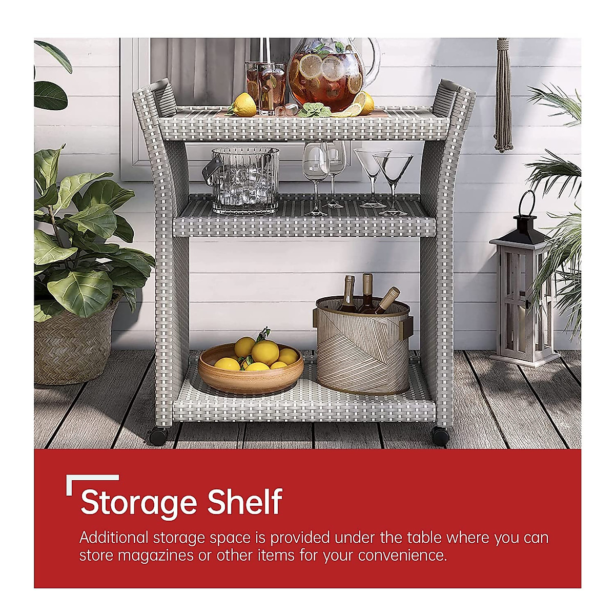 PayLessHere Outdoor PE Wicker Side Table Patio Coffee Table, Wicker Rattan Porch Coffee Table with Storage Shelf, Aluminum Frame, Gray