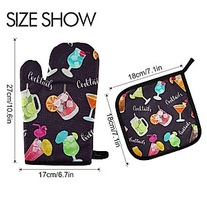 Drinks and Cocktails Drawn Kitchen Oven Mitts Pot Holders Sets Heat Resistant Machine Washable BBQ Gloves for Cooking Baking Grilling