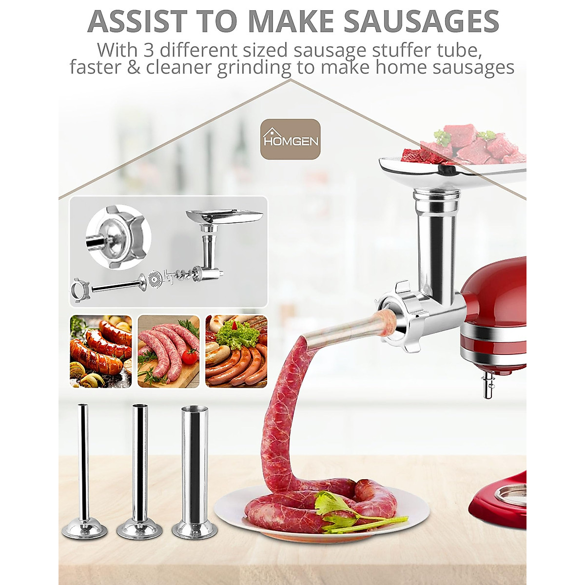 Meat Grinder Attachment for Kitchenaid, HOMGEN Professional Food Meat Grinder Attachment for Kitchenaid Durable Sausage Stuffer for kitchenaid Standmixers With Complete Accessories to Enjoy Cooking