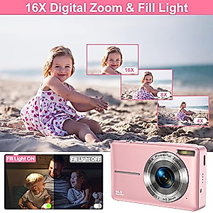 Digital Camera, Kids Camera with 32GB Card FHD 1080P 44MP Vlogging Camera with LCD Screen 16X Zoom Compact Portable Mini Rechargeable Camera Gifts for Students Teens Adults Girls Boys-Pink